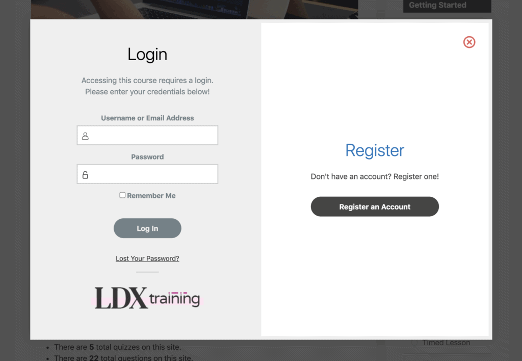 LearnDash Login/Registration in Design Upgrade Pro for LearnDash